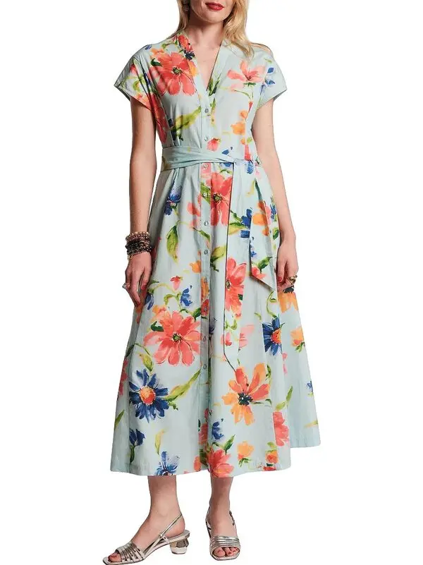 FRANCES VALENTINE Eve Floral Tie-waist Midi-shirtdress - Light Blue Multi