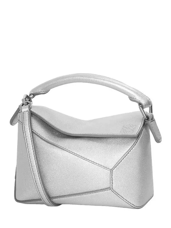 Loewe Mini Puzzle Edge Metallic Leather Bag - Silver