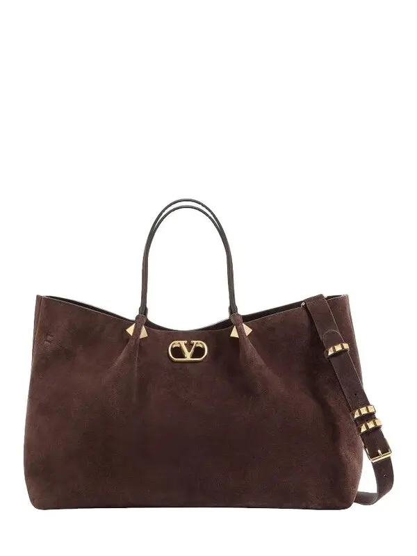 Valentino Garavani Large Shopping Bag In Soft Suede - Ebony