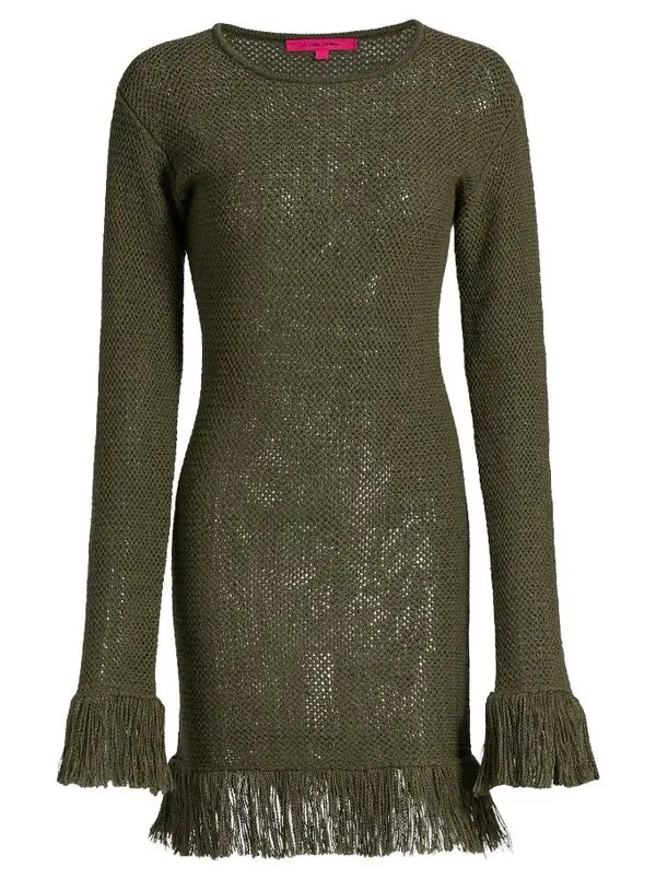 THE ELDER STATESMAN Nora Lite Fringe Knit Minidress - Kelp