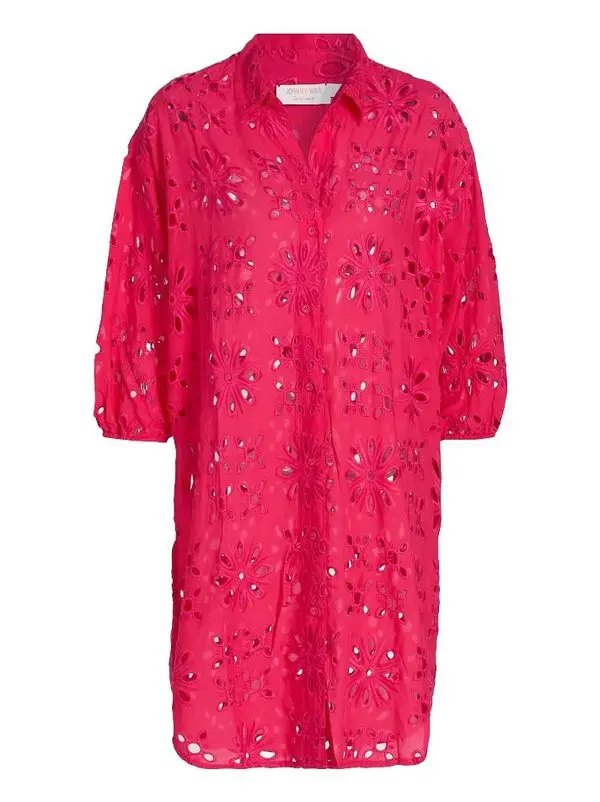 Johnny Was Eyelet Button-front Shirtdress - Raspberry