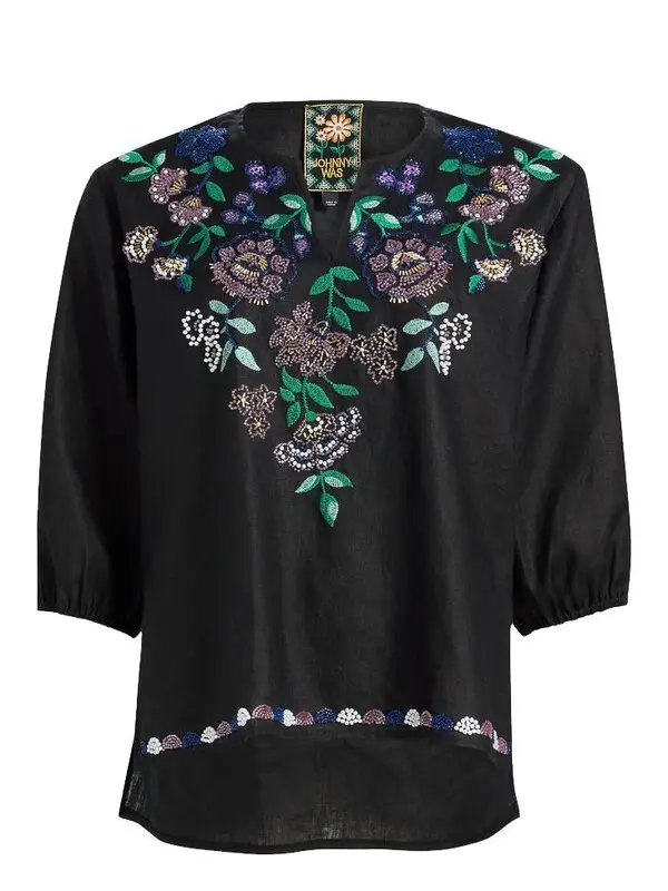Johnny Was Sloane Embroidered Linen Blouse - Black
