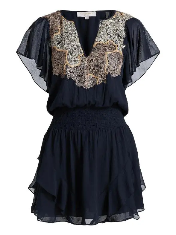 Ramy Brook Ismeria Lace-trimmed Silk Minidress - Navy