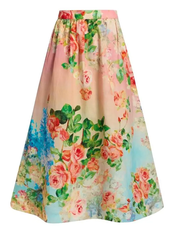 Hemant & Nandita Floral Ombré Cotton-linen Midi-skirt - Multi