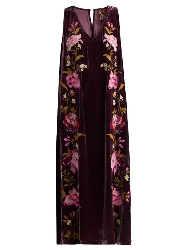 Johnny Was Floral Embroidered Velvet Shift Midi Dress - Amethyst