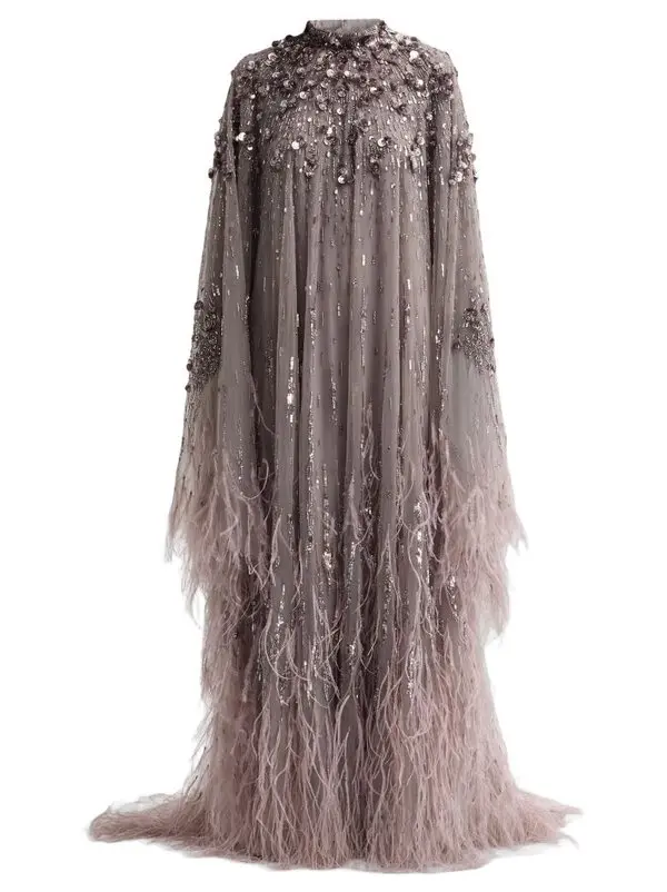 Pamella Roland Embroidered Feathered Tulle Caftan Gown - Silver