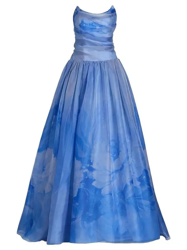 Pamella Roland Floral Silk Organza Strapless Gown - Blue Multi
