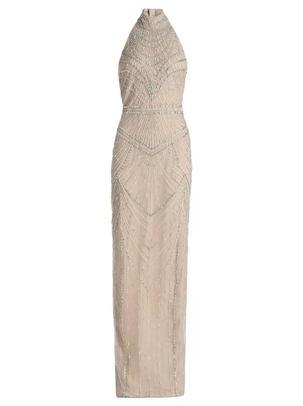 Pamella Roland Embellished Tulle Halter Column Gown - Silver