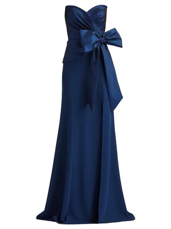 Tadashi Shoji Pleated Bow Strapless Column Gown - Navy