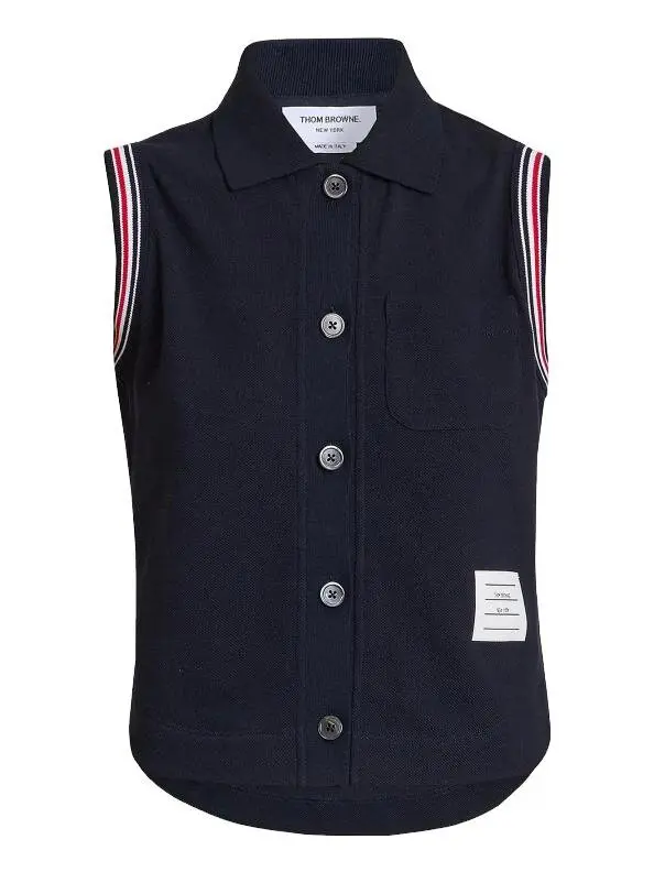 Thom Browne Striped Trim Cotton Sleeveless Shirt - Navy