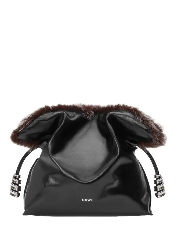 Loewe Flaco Shearling-trim Leather Clutch - Black
