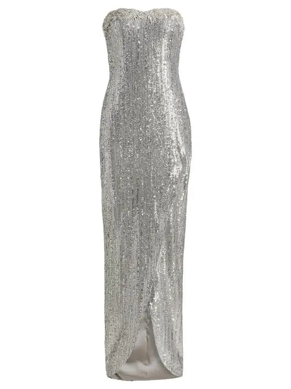 Pamella Roland Embellished Strapless Column Gown - Silver