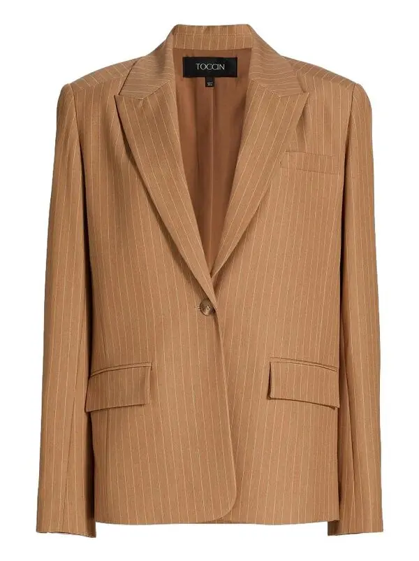 TOCCIN Willa Boyfriend Pinstriped Blazer - Latte