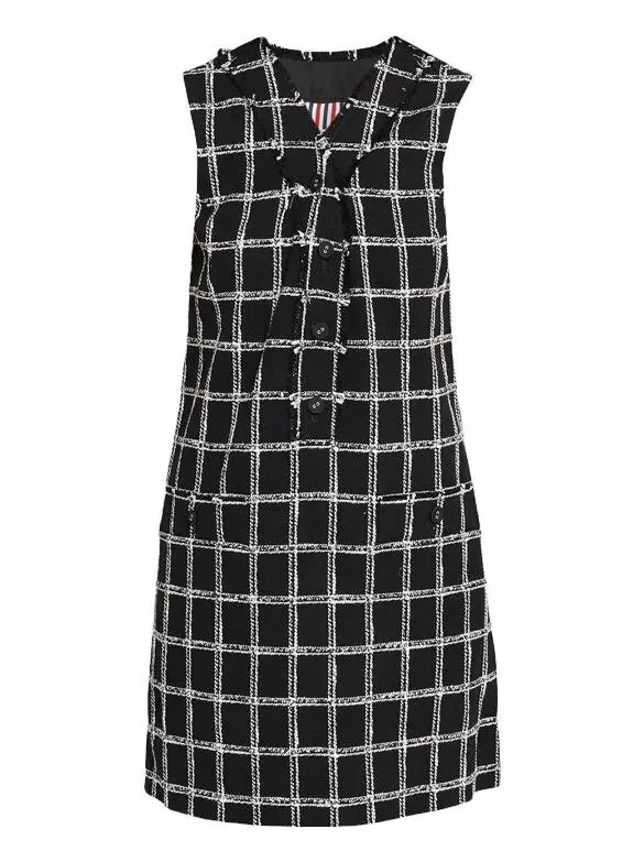 Thom Browne Windowpane Tweed Cardigen Mini Dress - Black