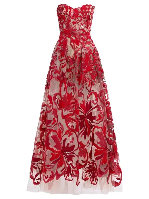 Elie Saab Velvet & Sequins Embroidered Tulle Gown - Sunset Flame
