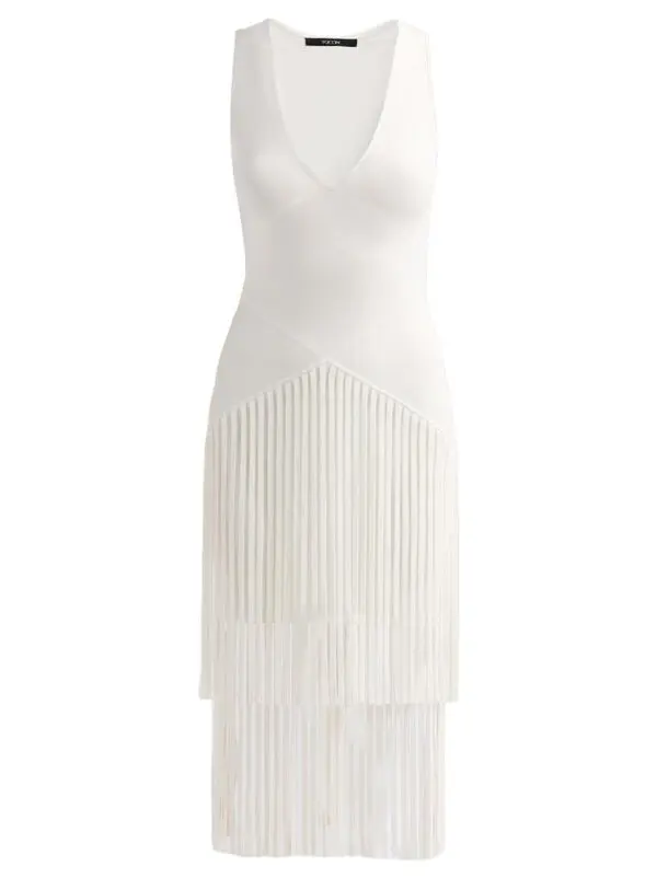 TOCCIN Patricia Fringed V-neck Midi Dress - Optic