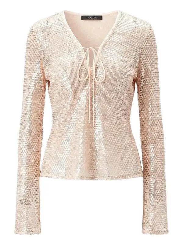 TOCCIN Zuri Sequin Flare Sleeve Top - Sand Dune