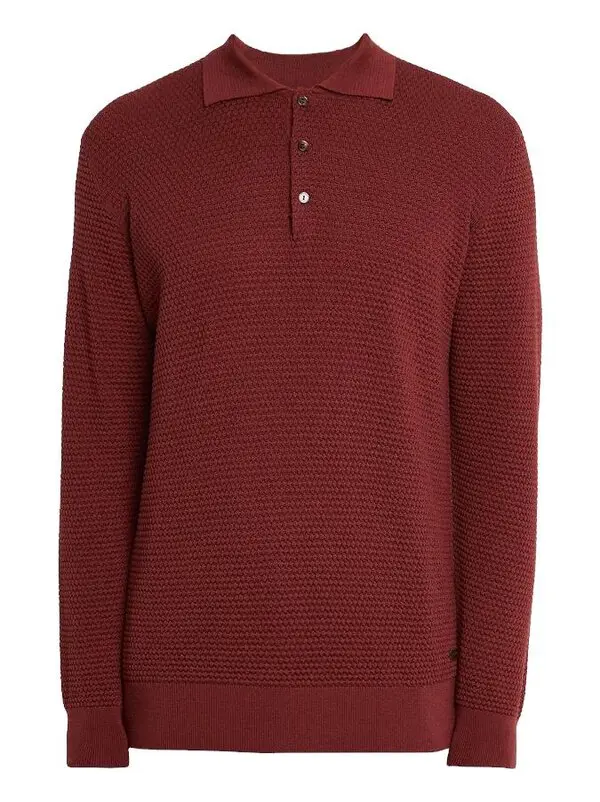Eton Merino Wool Popcorn Stitch Polo Sweater - Red