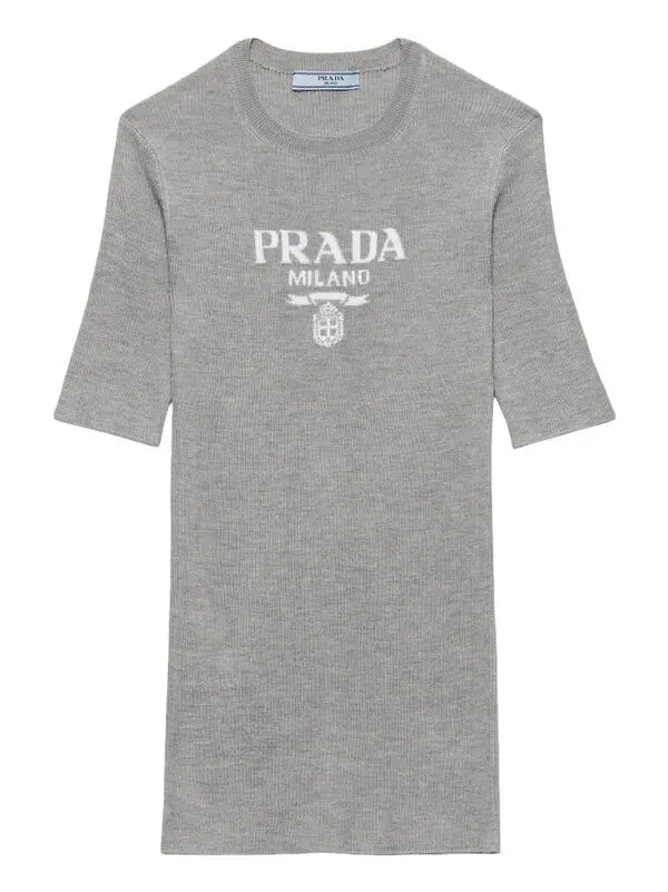 Prada Silk Crewneck Sweater With Logo - Grey