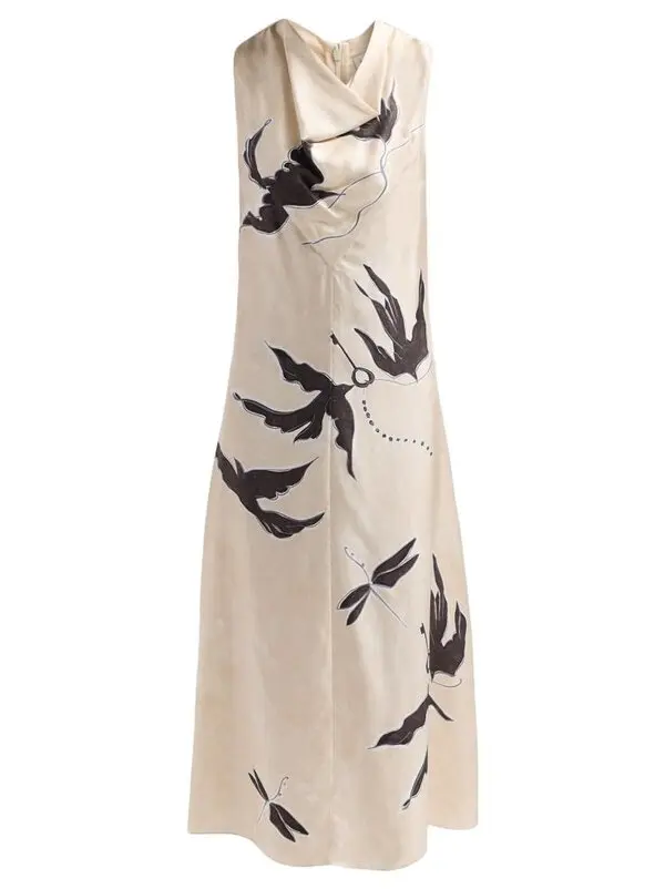 Altuzarra Lucie Bird-print Silk Midi Dress - Tapioca Bird