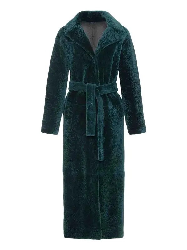 Gorski Reversible Textured Shearling Lamb Coat With Side Slits Belt - Emerald