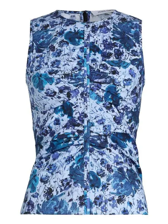 Prabal Gurung Floral Cotton-blend Ruched Top - Blue Multi
