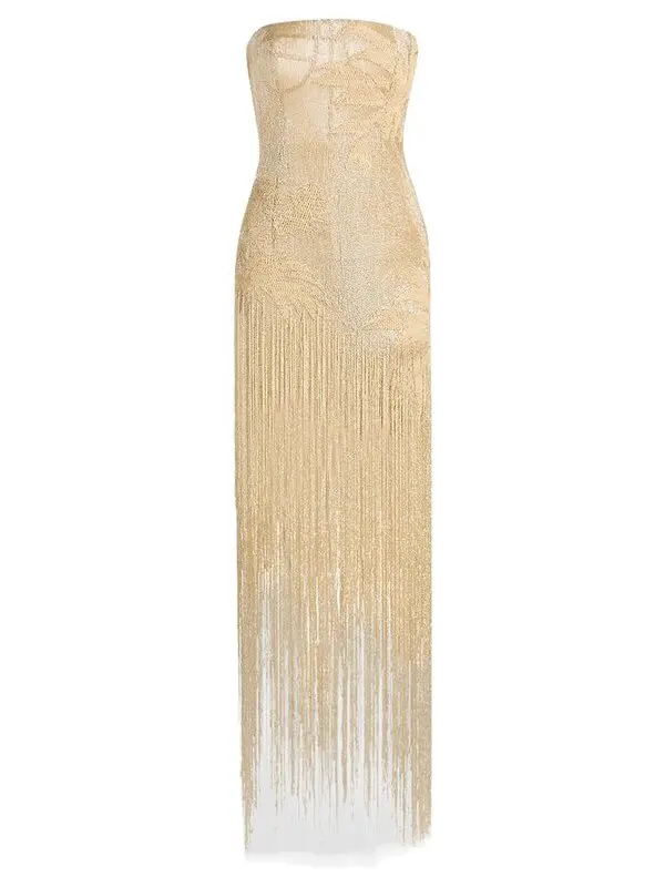 Oscar De La Renta Embellished Palm Raffia Fringe Strapless Gown - Beige