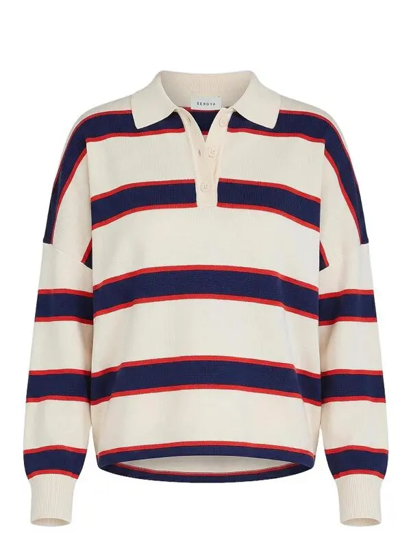 SEROYA Taby Striped Ribbed Polo Sweater - Eggshell Stripe