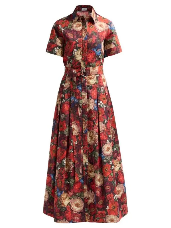 Adam Lippes Leighton Floral Pleated Midi Shirtdress - Ruby Floral