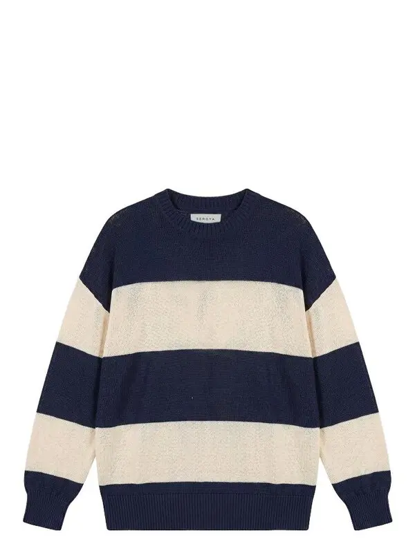 SEROYA Cassian Striped Linen-cotton Blend Sweater - Navy Eggshell