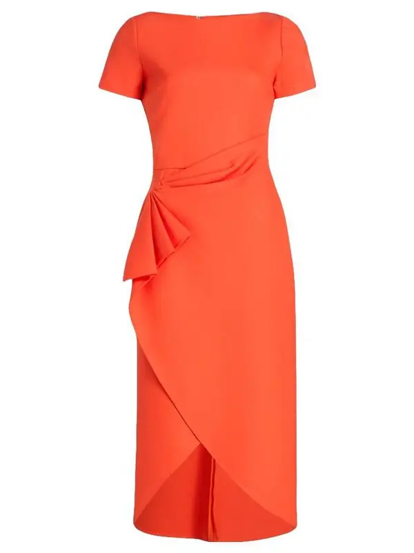 Oscar De La Renta Draped-waist Wool-blend Short-sleeve Day Dress - Paprika