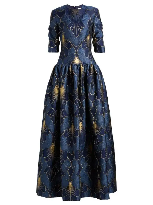 REEM ACRA Lamé Brocade Dropped Waist Gown - Navy