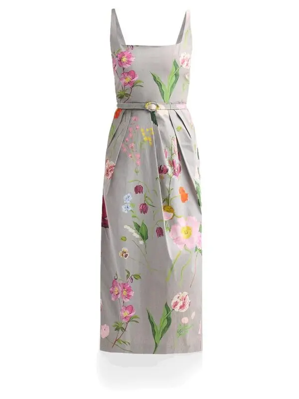 Oscar De La Renta Mixed Botanical Pleated Stretch-cotton Midi Dress - Grey Multi