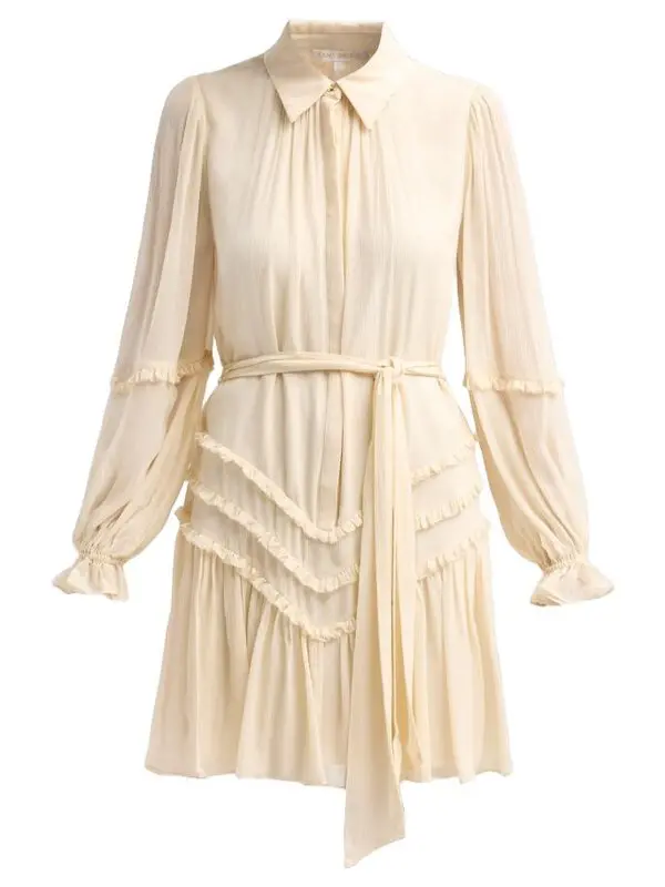 Ramy Brook Maya Ruffled Silk Long-sleeve Belted Mini Shirtdress - Bone