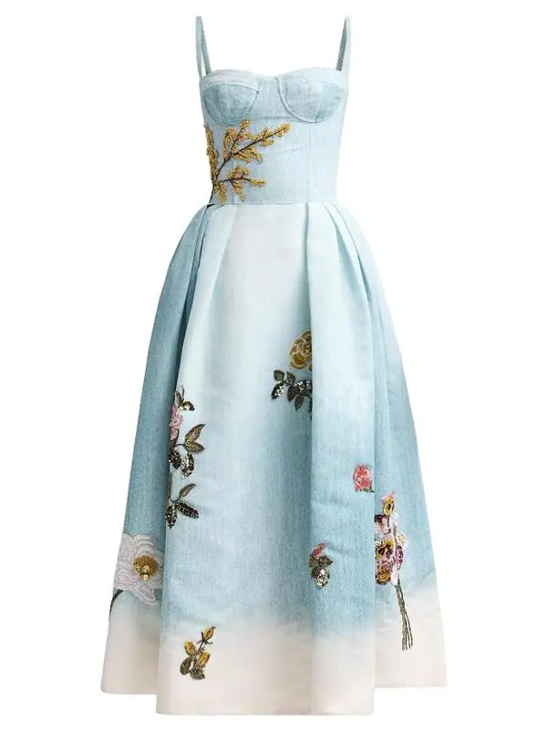Oscar De La Renta Bustier Painted Beaded Floral Cocktail Dress - Blue Multi