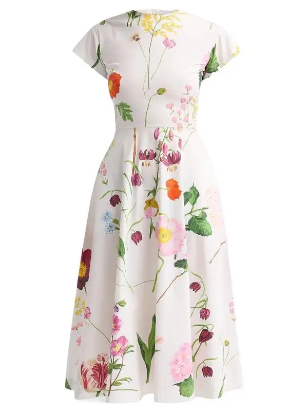 Oscar De La Renta Mixed Botanical Cotton Poplin Midi Dress - White Multi