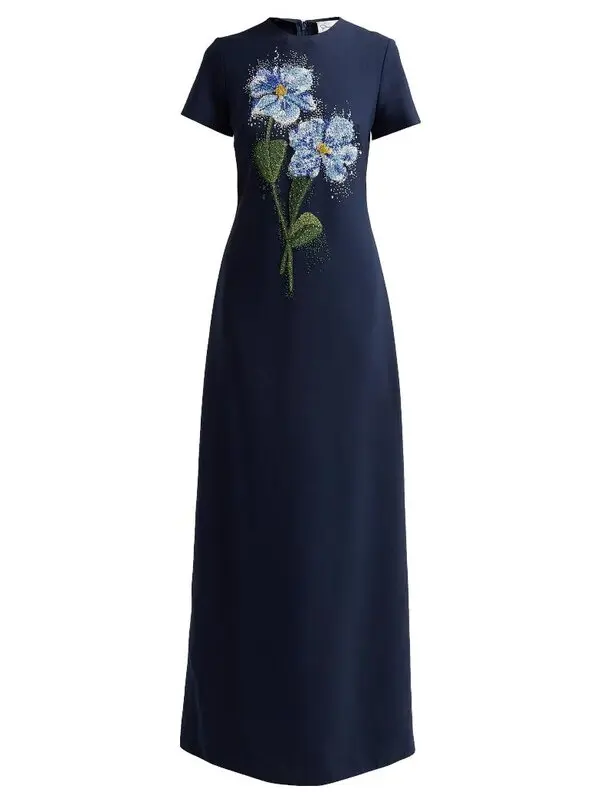 Oscar De La Renta Floral-beaded Wool-blend Gown - Navy