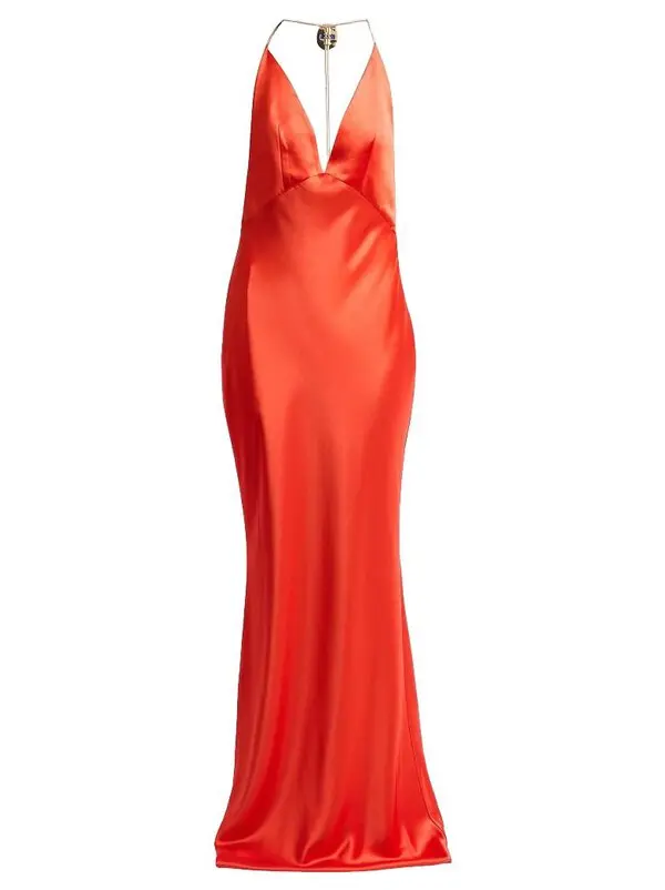 Retrofete Arianell Plunging Satin Maxi Dress - Geranium