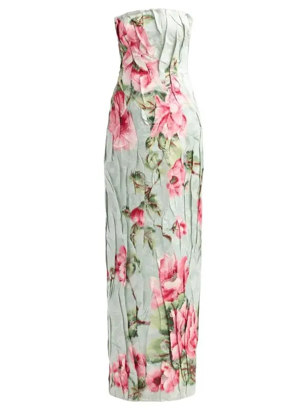 Oscar De La Renta Floral Chine Fil Coupe Jacquard Strapless Gown - Sage
