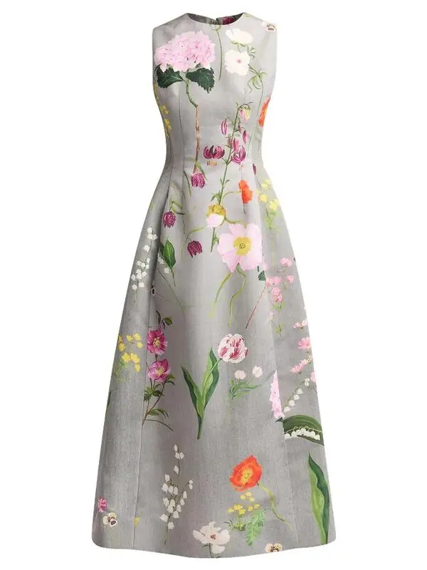 Oscar De La Renta Mixed Botanical Faille Cocktail Dress - Grey Multi