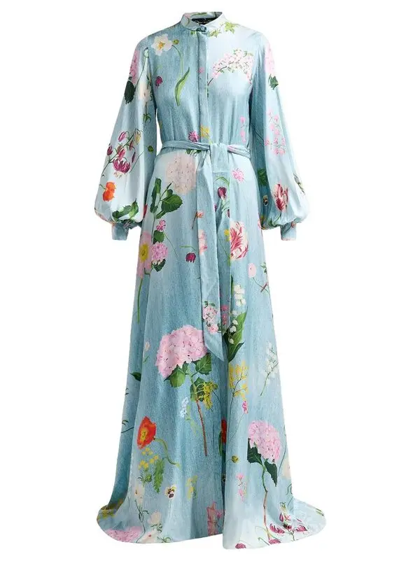 Oscar De La Renta Mixed Botanical Silk Twill Caftan Dress - Blue Multi