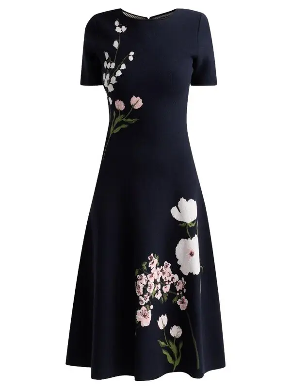 Oscar De La Renta Floral Jacquard Knit Midi Dress - Navy
