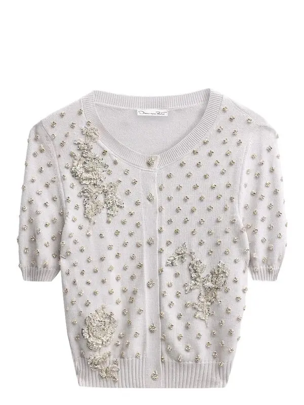 Oscar De La Renta Crystal Floral-embroidered Wool Cardigan - Grey