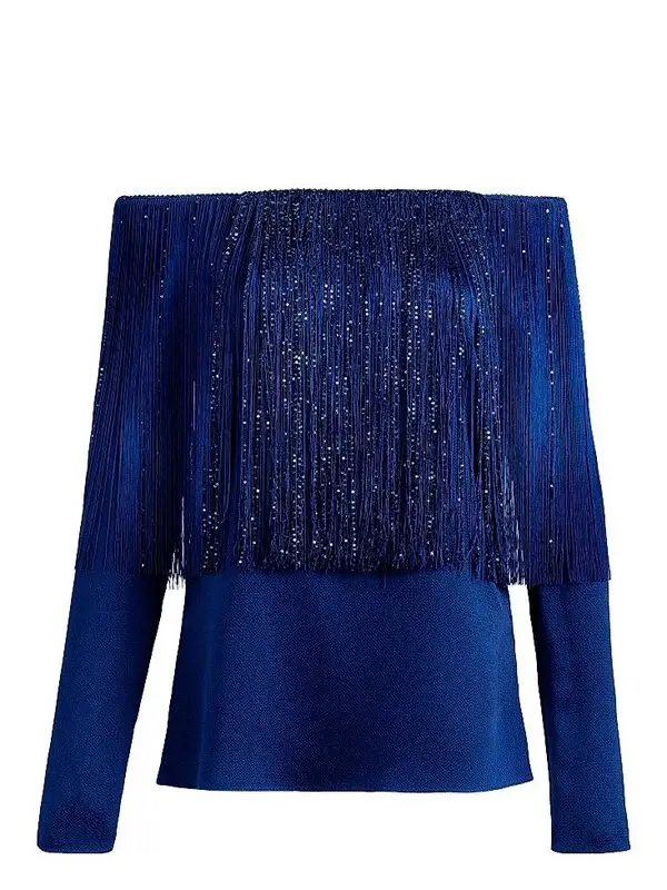 Silvia Tcherassi Belinda Metallic Fringe Off-the-shoulder Blouse - Navy
