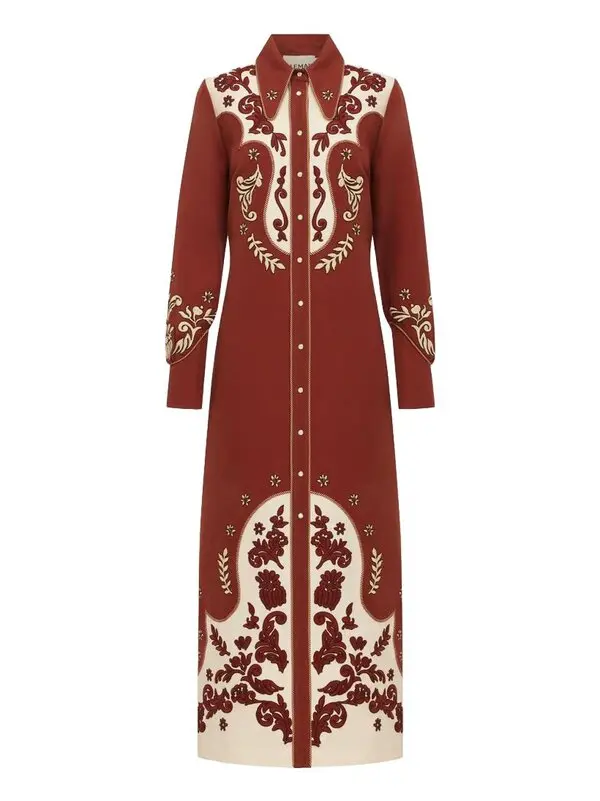 ALEMAIS Duke Embroidered Midi Shirtdress - Rust