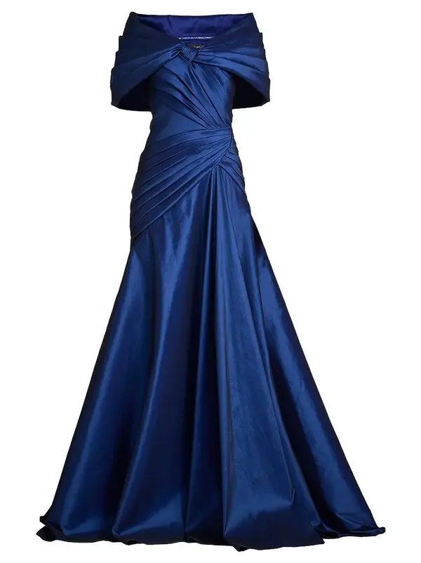 Tadashi Shoji Pleated Taffeta Portrait Gown - Navy