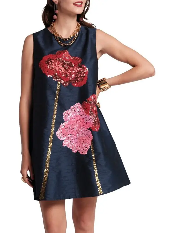 FRANCES VALENTINE Alice Sequined Poppy Shift Dress - Navy Multi