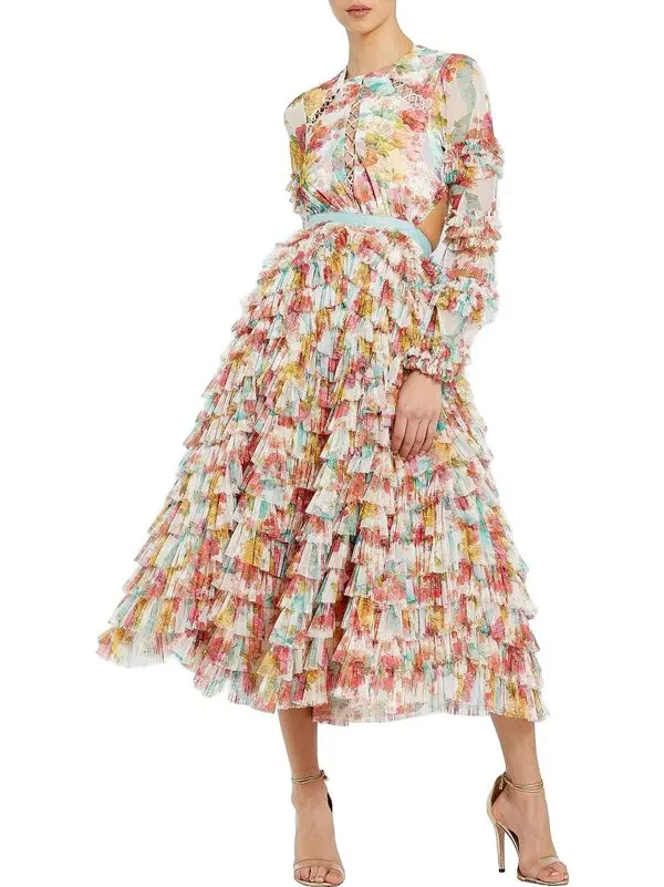 Mac Duggal Cocktail Floral Mesh Ruffled Cut-out Midi-dress - White Multi