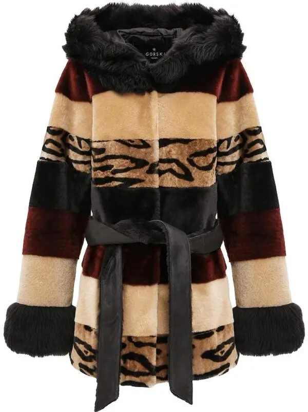 Gorski Shearling Lamb Parka With Merinillo Shearling Lamb Hood Trim & Cuffs, Belt - Wine Multi