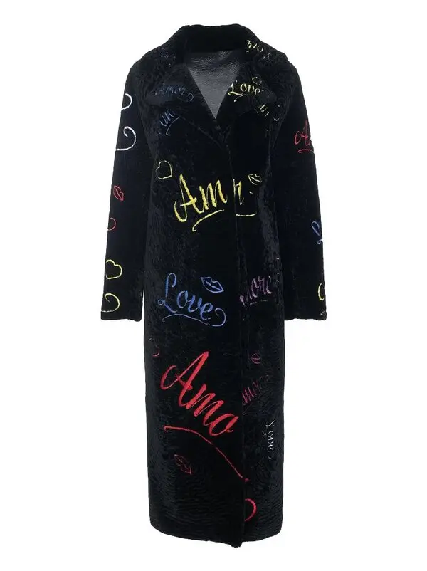 Gorski Select Shearling Lamb Embroidered Love Coat - Black